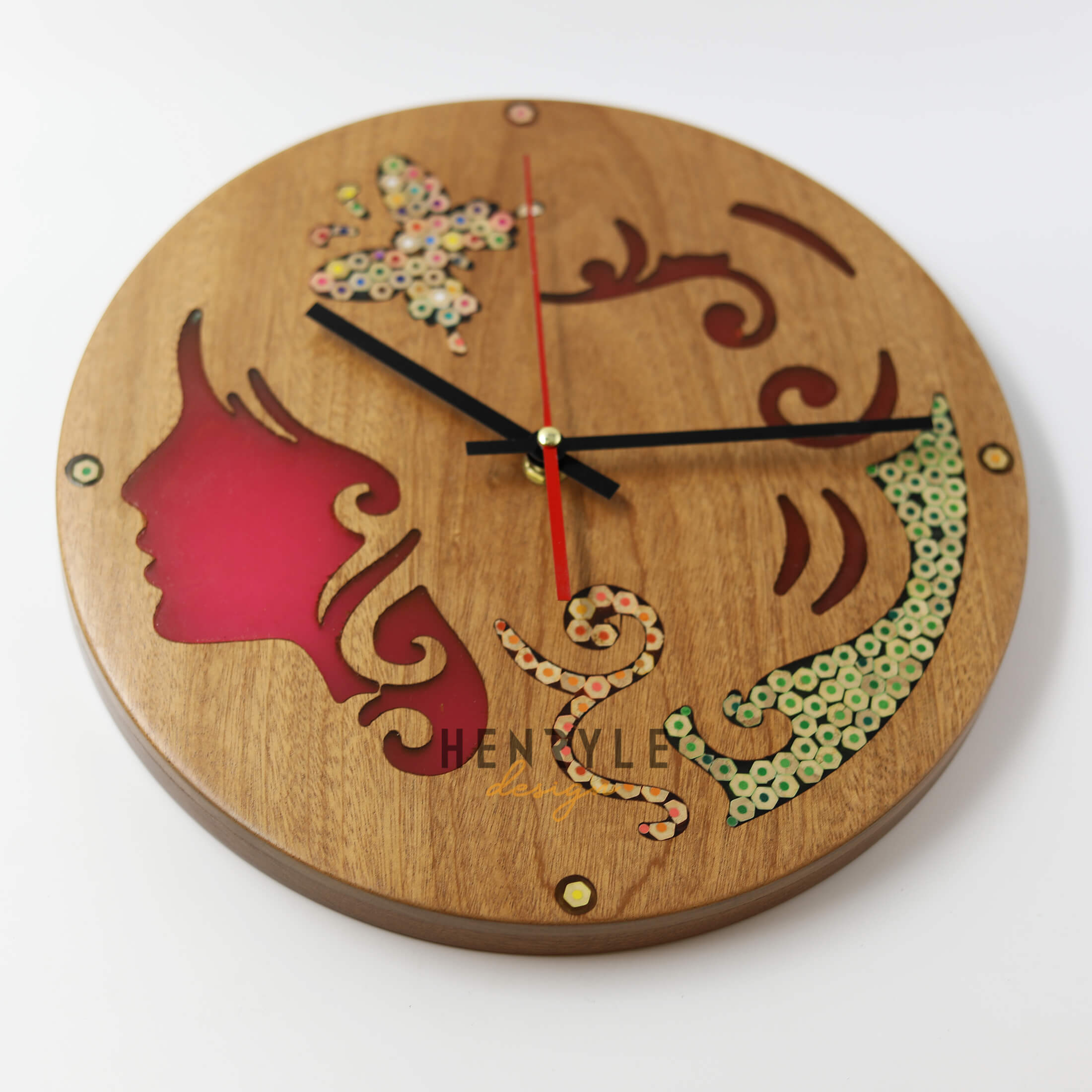 Erato Muse Resin Colored-Pencil Wood Wall Clock - Henry Le Design