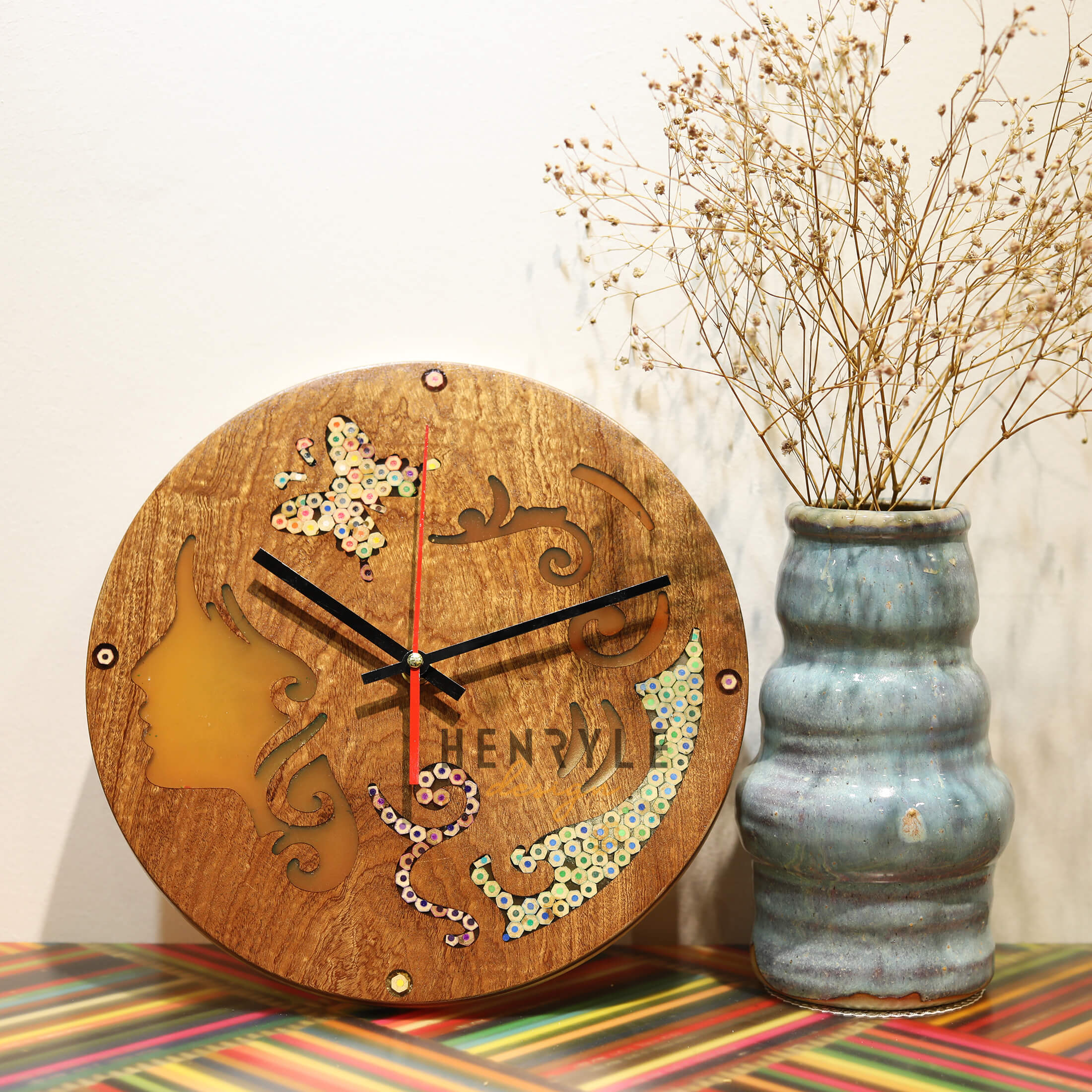 Melpomene Muse Resin Colored-Pencil Wood Wall Clock - Henry Le Design